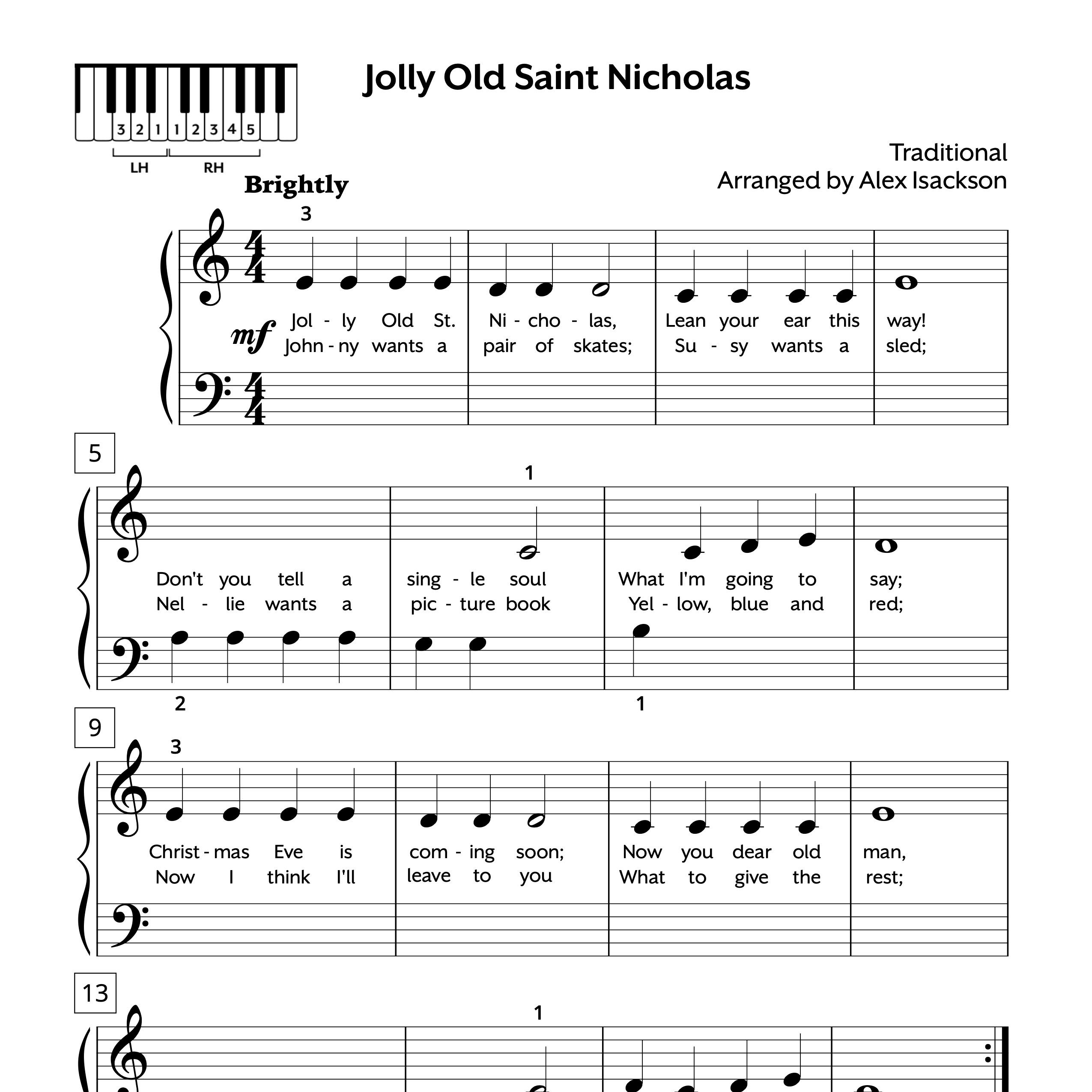 Easy Christmas Piano Sheet Music | Jolly Old Saint Nicholas - Hoffman ...