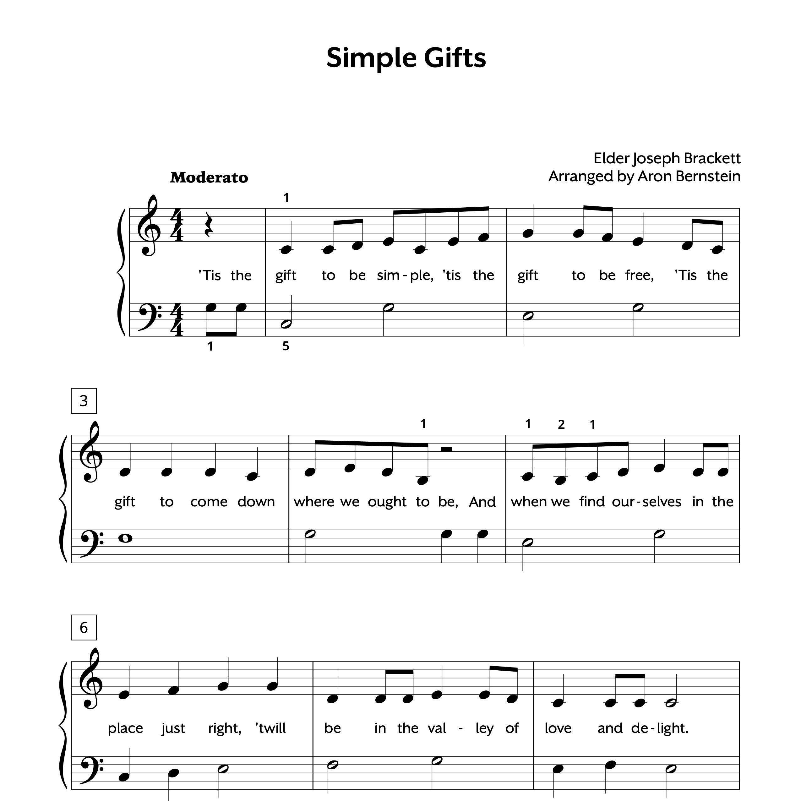 Easy Piano Sheet Music Simple Gifts - Hoffman Academy
